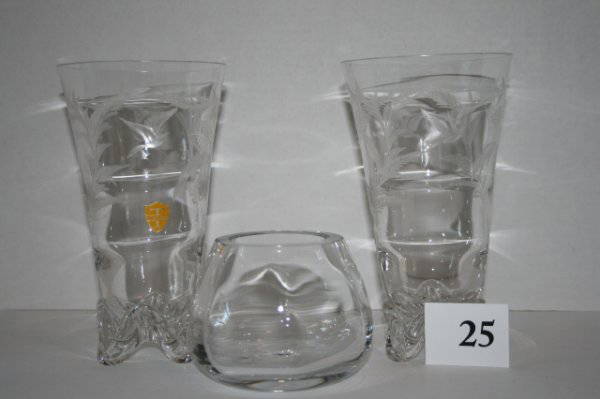 Three Tiffin Glass Vases With Bird & Fern Pattern