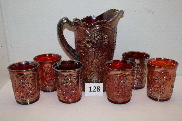Imperial Red Field Flower Carnival Glass Pitcher Set