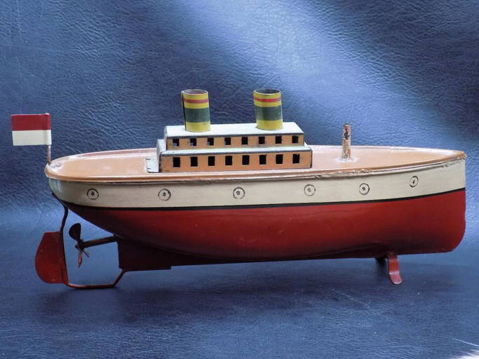 Antique Tin Clockwork Toy Boat. Probably German Clockworks Bing Or Marklin