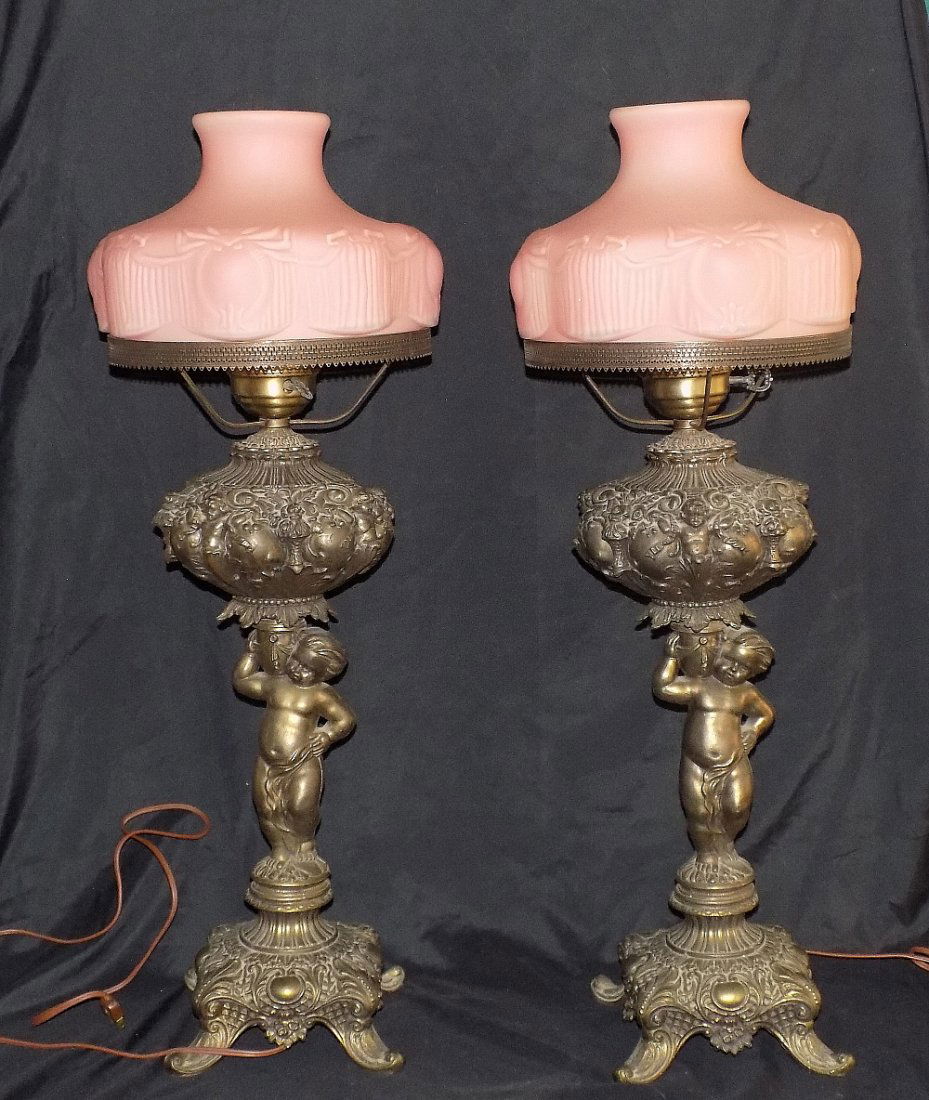 Fabulous Pair Of Large Cupid Lamps With Art Glass Shades