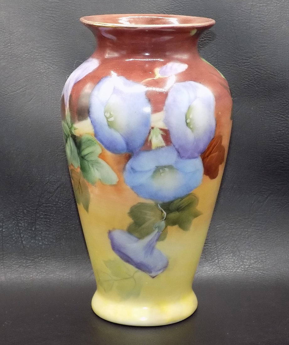Beautiful Vintage Artist Signed Hand Painted Vase With Morning Glories Auction