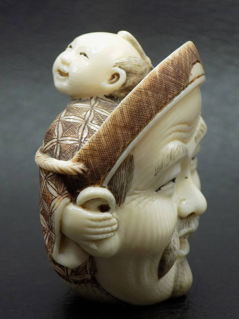Vintage Finely Carved Oriental Netsuke With Man And Face Double Sided ...