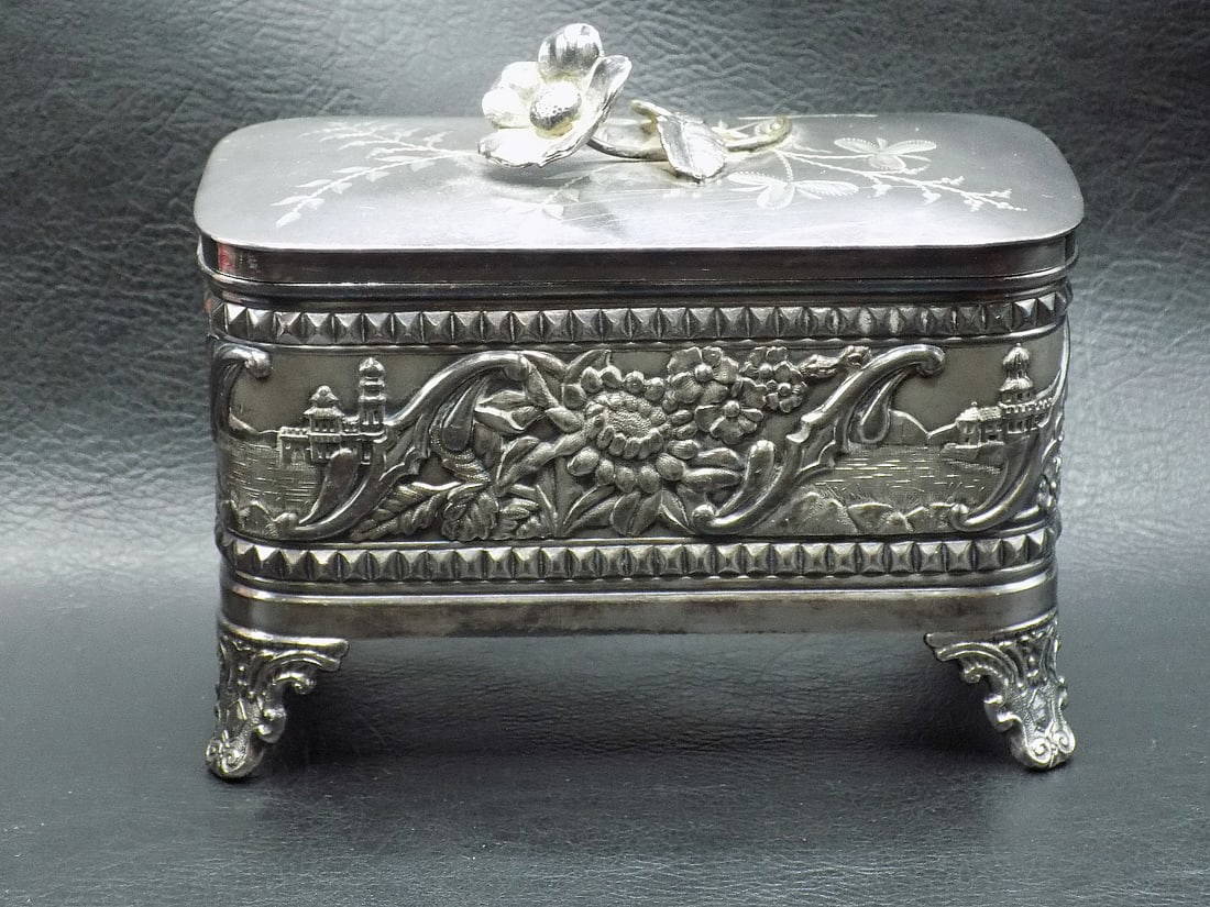 Beautiful, Decorated Antique Silverplated Tufts Jewelry Box Auction