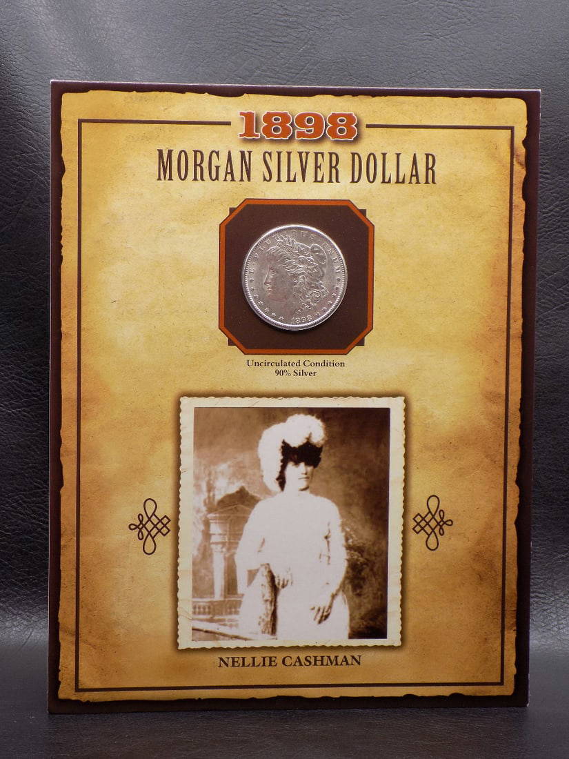 Uncirculated 1898 Morgan Silver Dollar Display With Nelie Cashman Auction