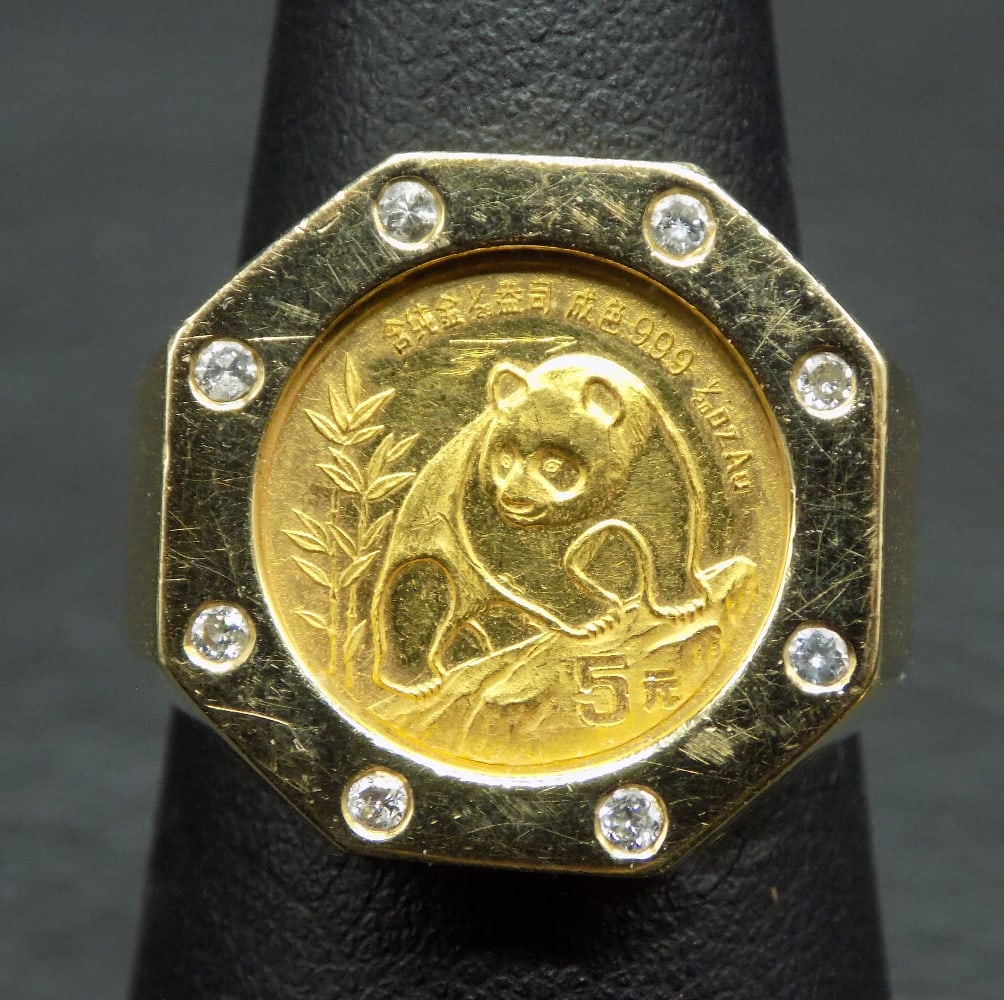 1990 Gold Panda Coin And Diamond 14k Gold Ring Auction
