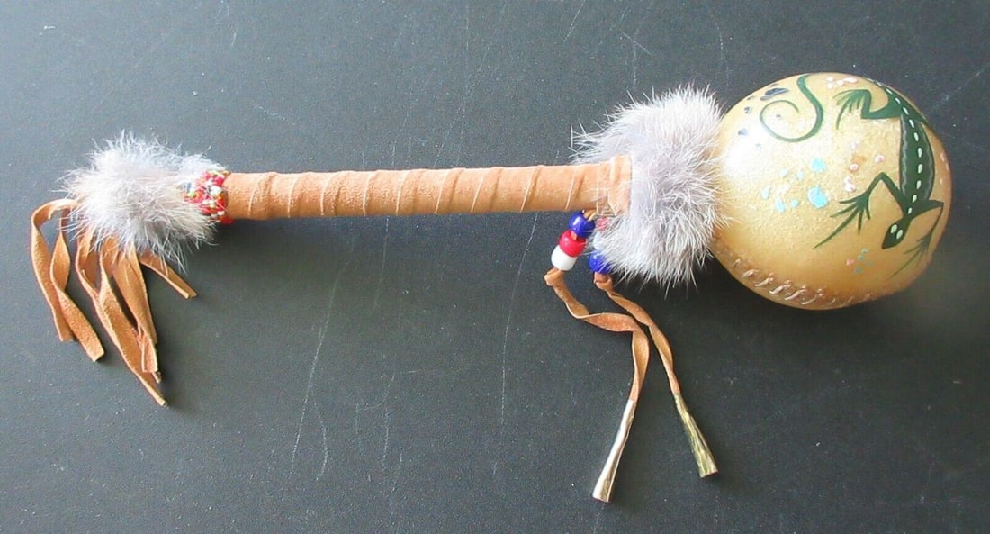 Native American Indian Beaded And Painted Ceremonial Rattle Auction
