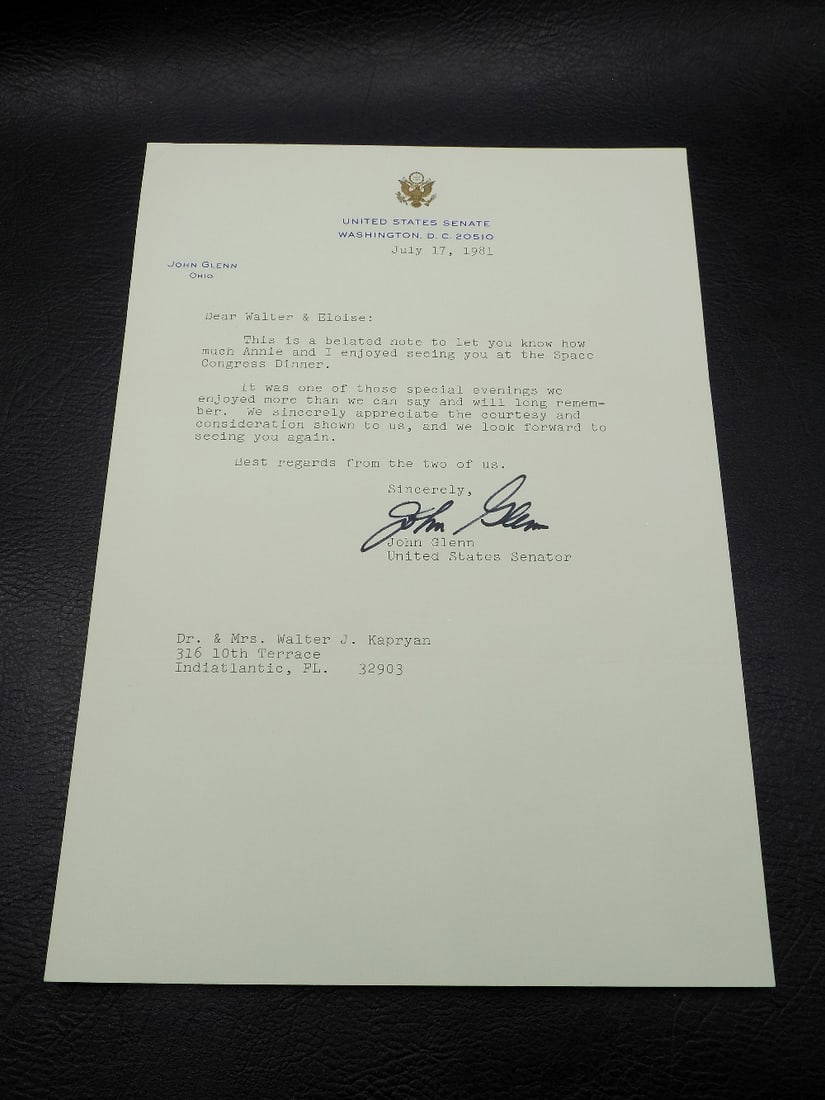 United State Official Letter With John Glenn Signature – Autograph Auction