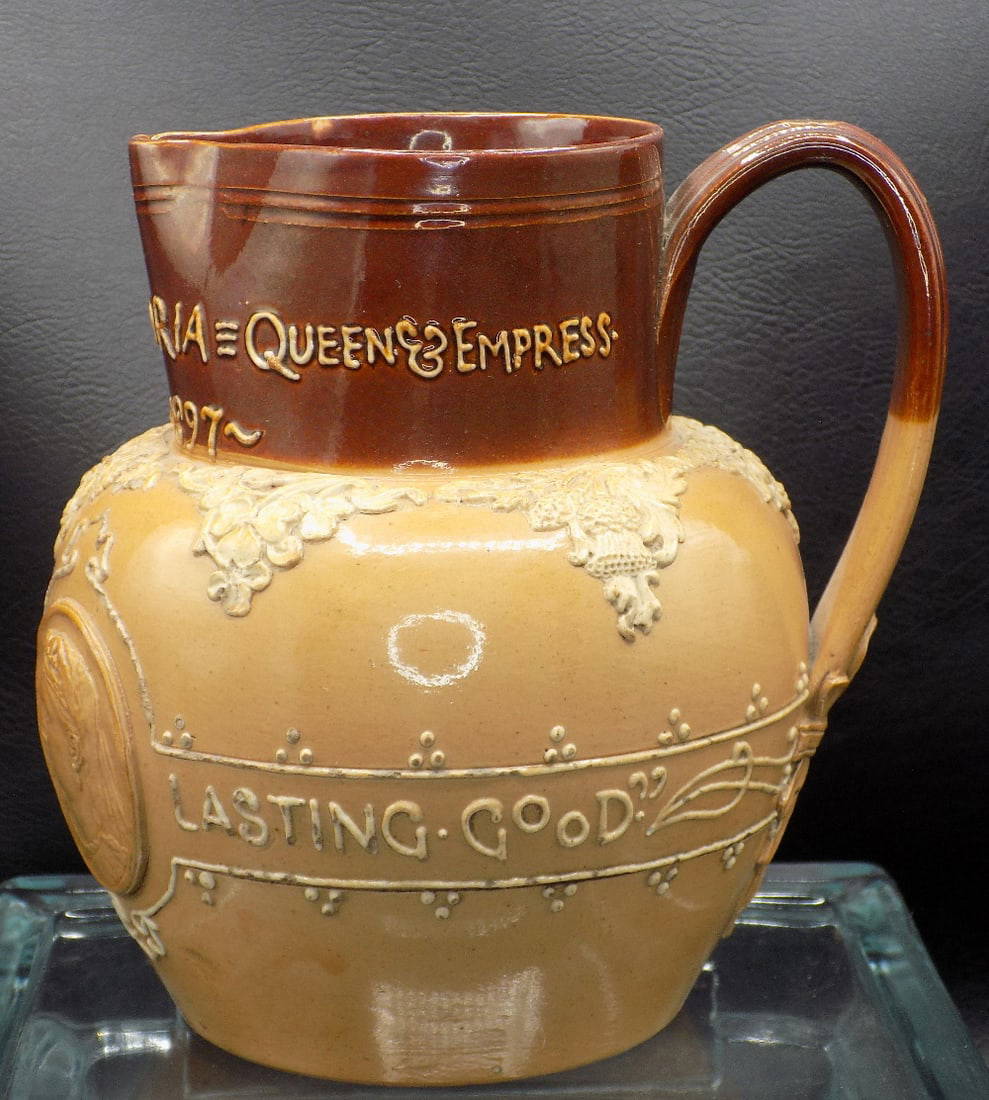 1897 Doulton Lambeth Pitcher Of Queen Victoria Stoneware Pottery ...