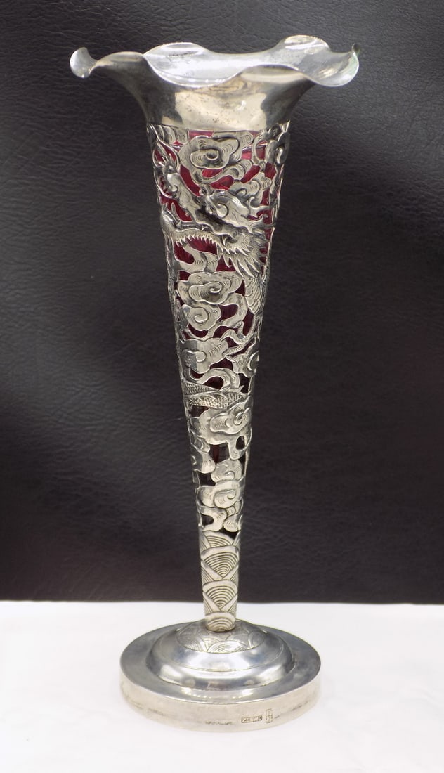 Fancy Antique Oriental Sterling Silver Bud Vase With Dragon And Art ...