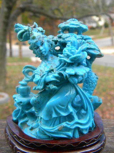 Vintage Chinese Carved Turquoise Beauty Statue On Wood