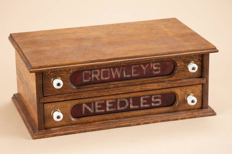 Antique quarter sawn oak 2-drawer Needle Cabinet marked "Crowley's ...