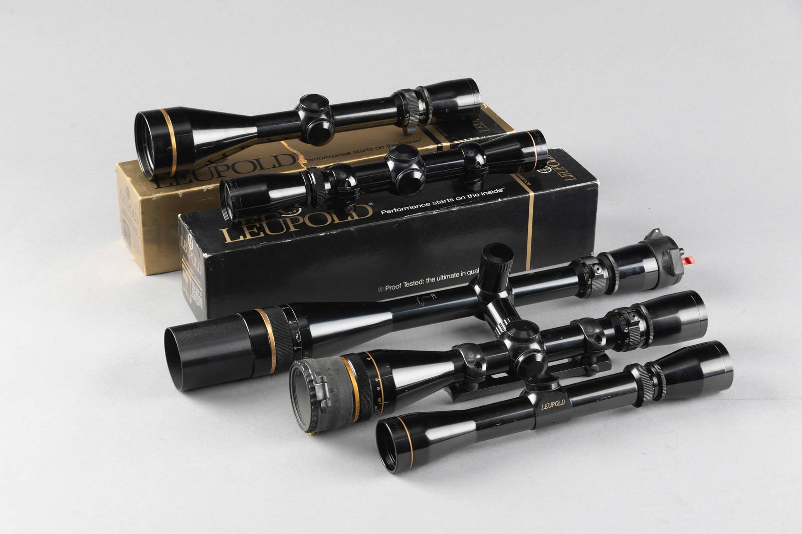 Great Collection Of Five Gold Ring Leupold Rifle Scopes, Two With ...
