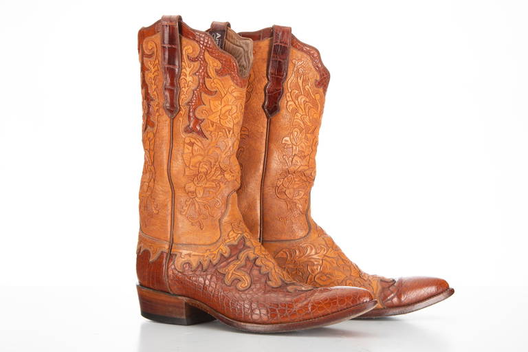 Showy Pair Of Custom 14 1/2" Tall Top Boots Marked "ammons, El Paso" With Gator And Tooled Bull Hide