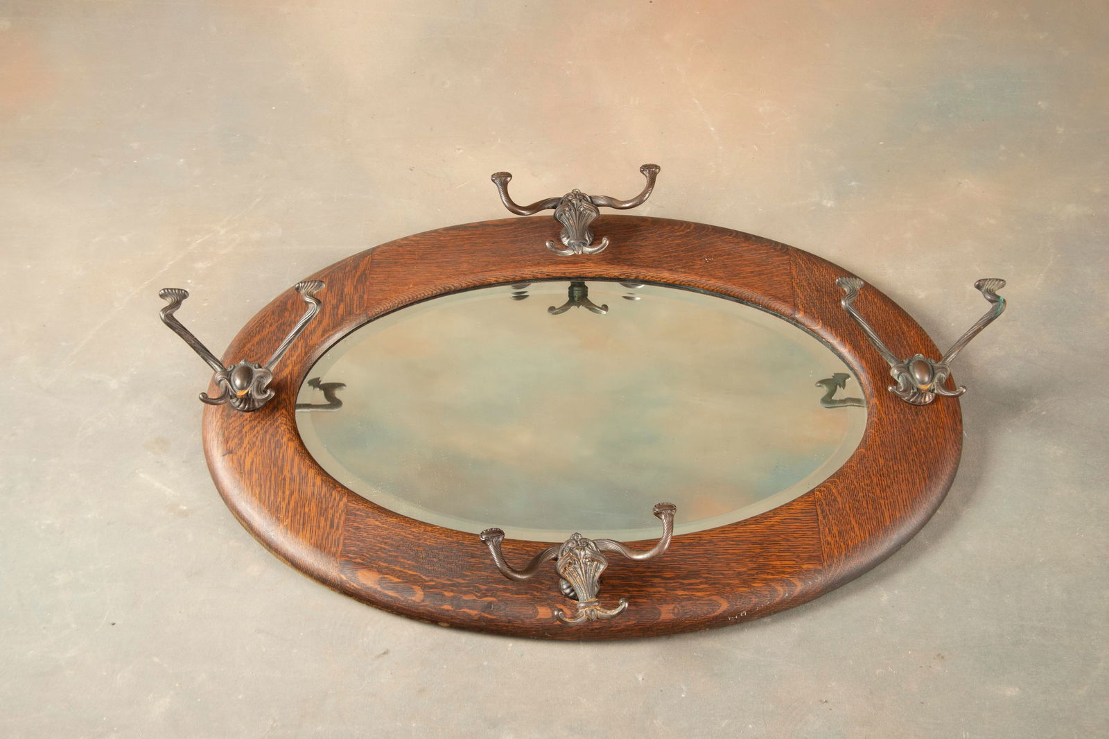 Antique Quarter Sawn Oak Oval Hat Rack Hanging Mirror In Original ...