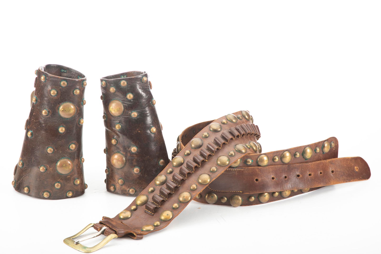 Vintage 3-piece Spotted Leather Cartridge Belt And Leather Roping Cuffs ...