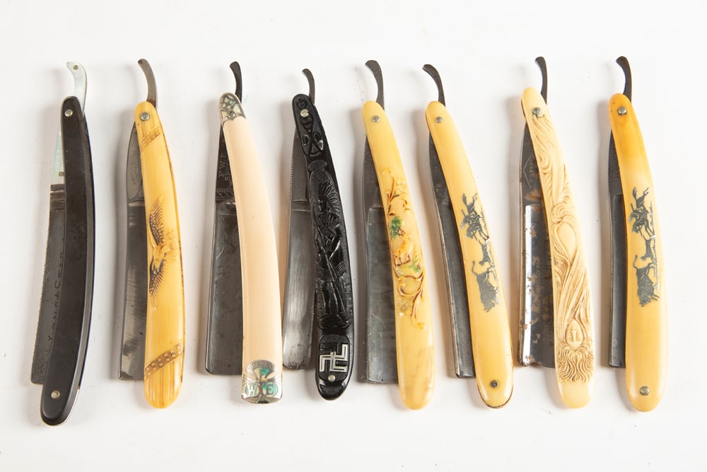 Framed Collection Of Eight (8) Straight Razors. One Is Marked "lone ...