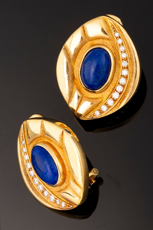 Ladies 18kt Yellow Gold Omega Clip Earrings Containing 7.60ctw Lapis ...