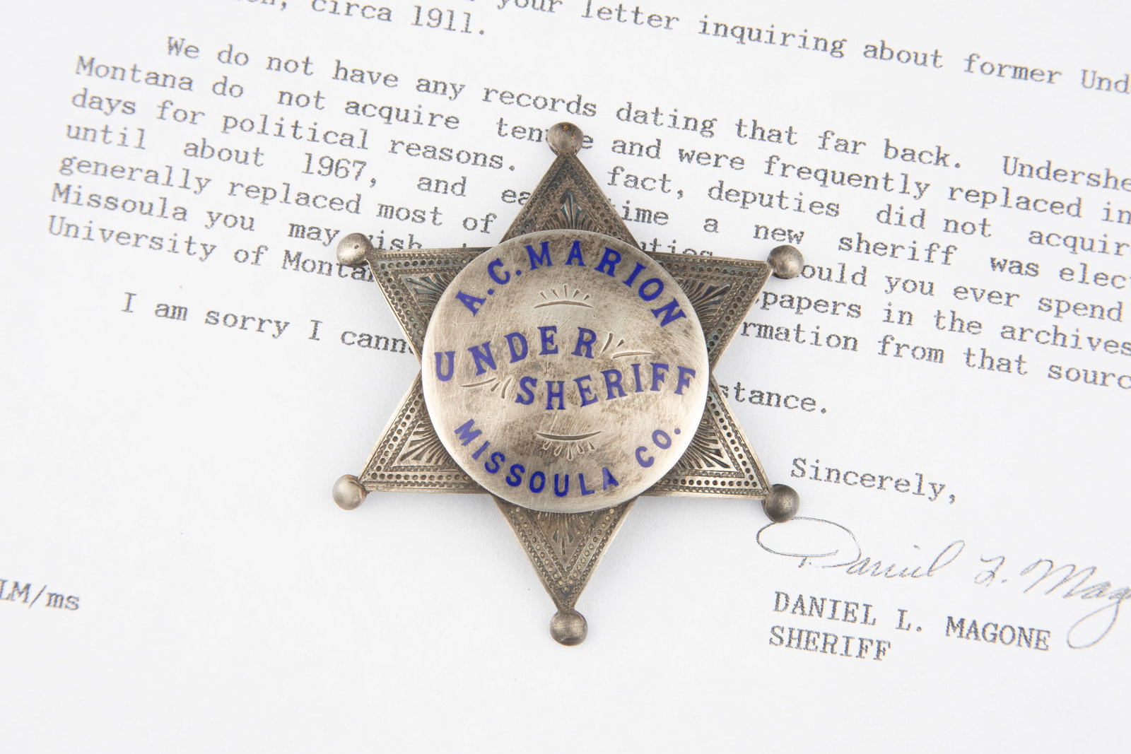 Vintage 6-point Ball Star Badge Marked “a.c. Marion/ Undersheriff ...