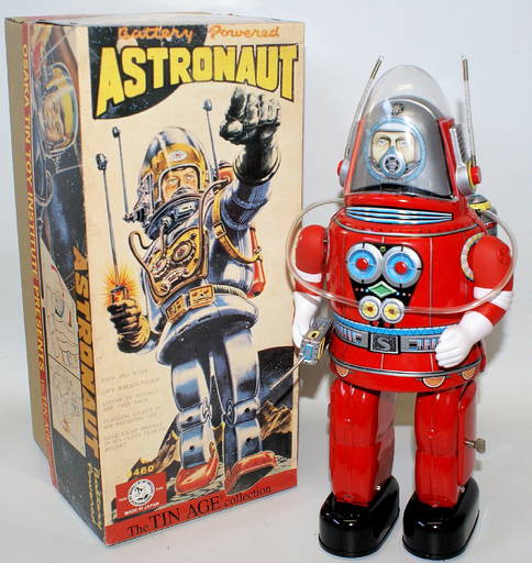 1990 Astronaut Red Tin Battery Operated Space Robot In