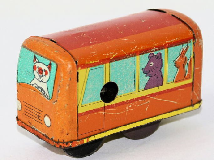 Vintage Tin Litho Clockwork Wind Up Orange Toy Bus