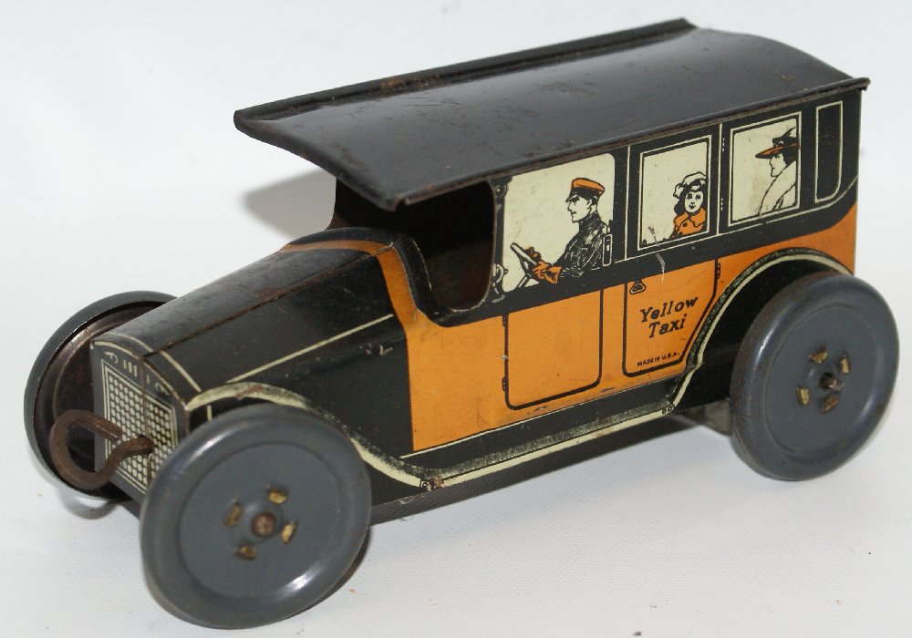 RARE Tin Clockwork Wind-up YELLOW TAXI Cab, Mohawk Toys