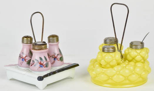 A Victorian Quilted Pink Glass Castor Set