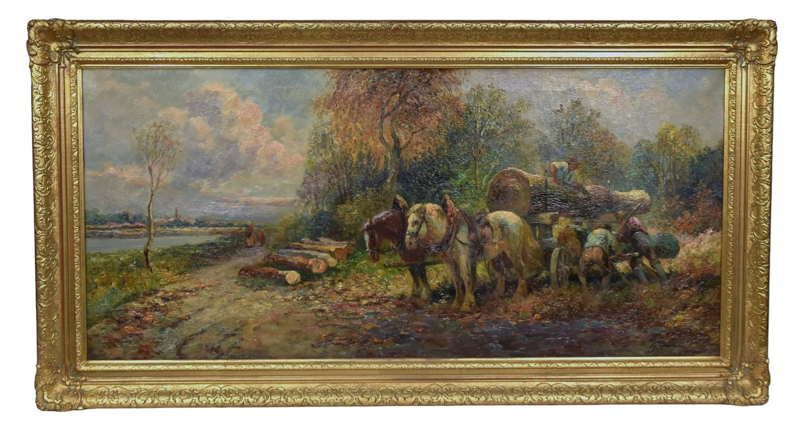 Fine Large Signed Oil Painting Of Logging Scene Auction