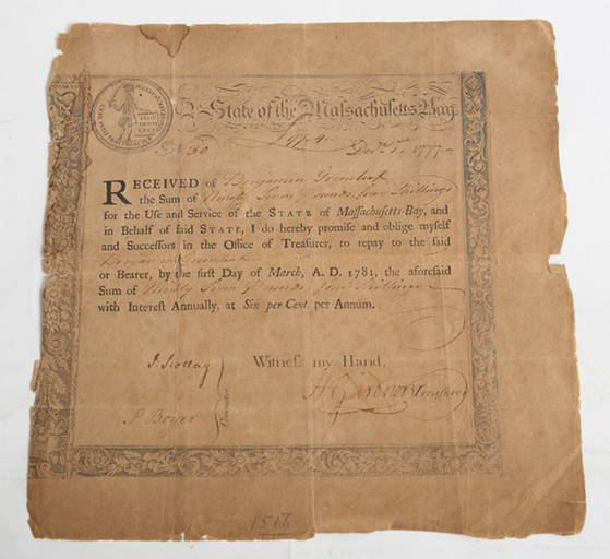 1777 Mass. Currency Sword In Hand Bond