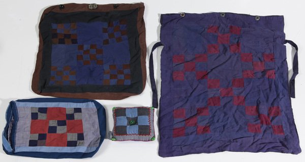 THREE EARLY AMISH BAGS AND PIN CUSHION