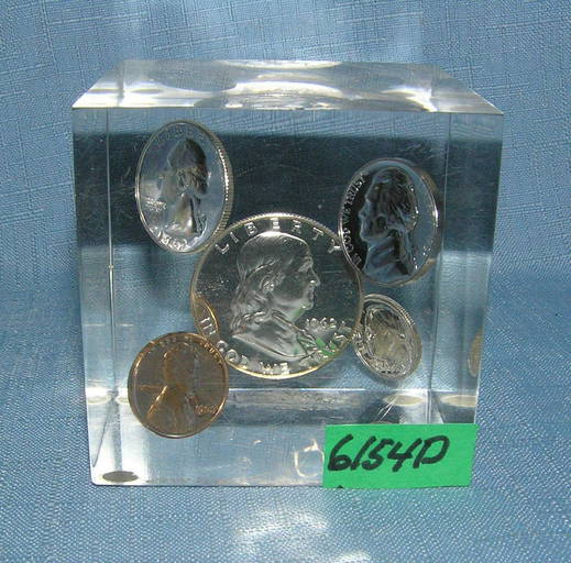 Group Of Proof Coins In A Lucite Paper Weight