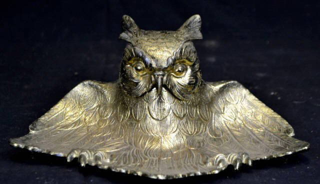 Vintage Brass Owl Ink Well