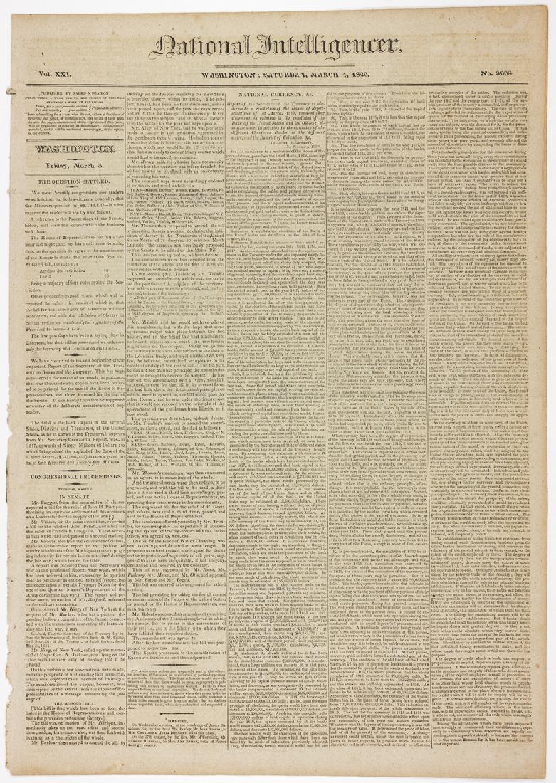 Washington Newspaper Reports On The Missouri Compromise