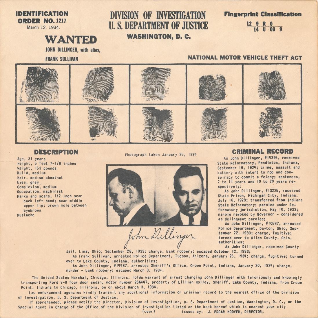 JOHN DILLINGER DIVISION OF INVESTIGATION FINGERPRINT