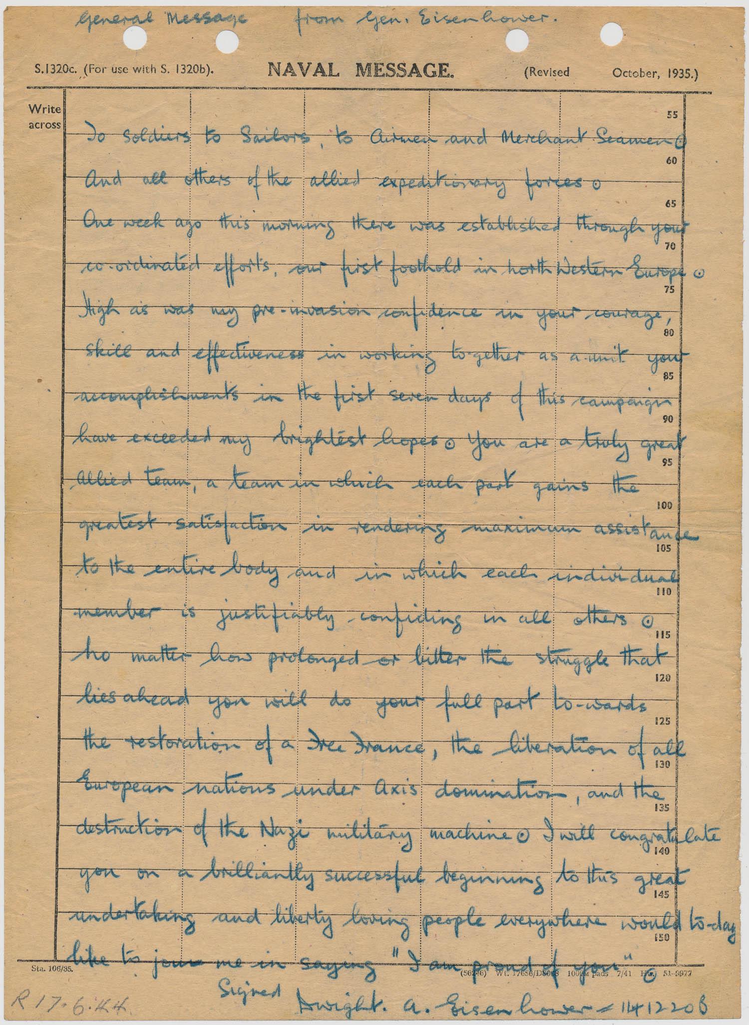 Hms 'savage' Naval Message From Gen. Eisenhower