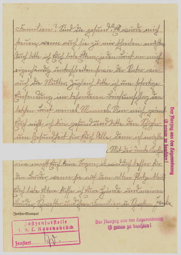 Ravensbruck Concentration Camp Prisoner's Letter