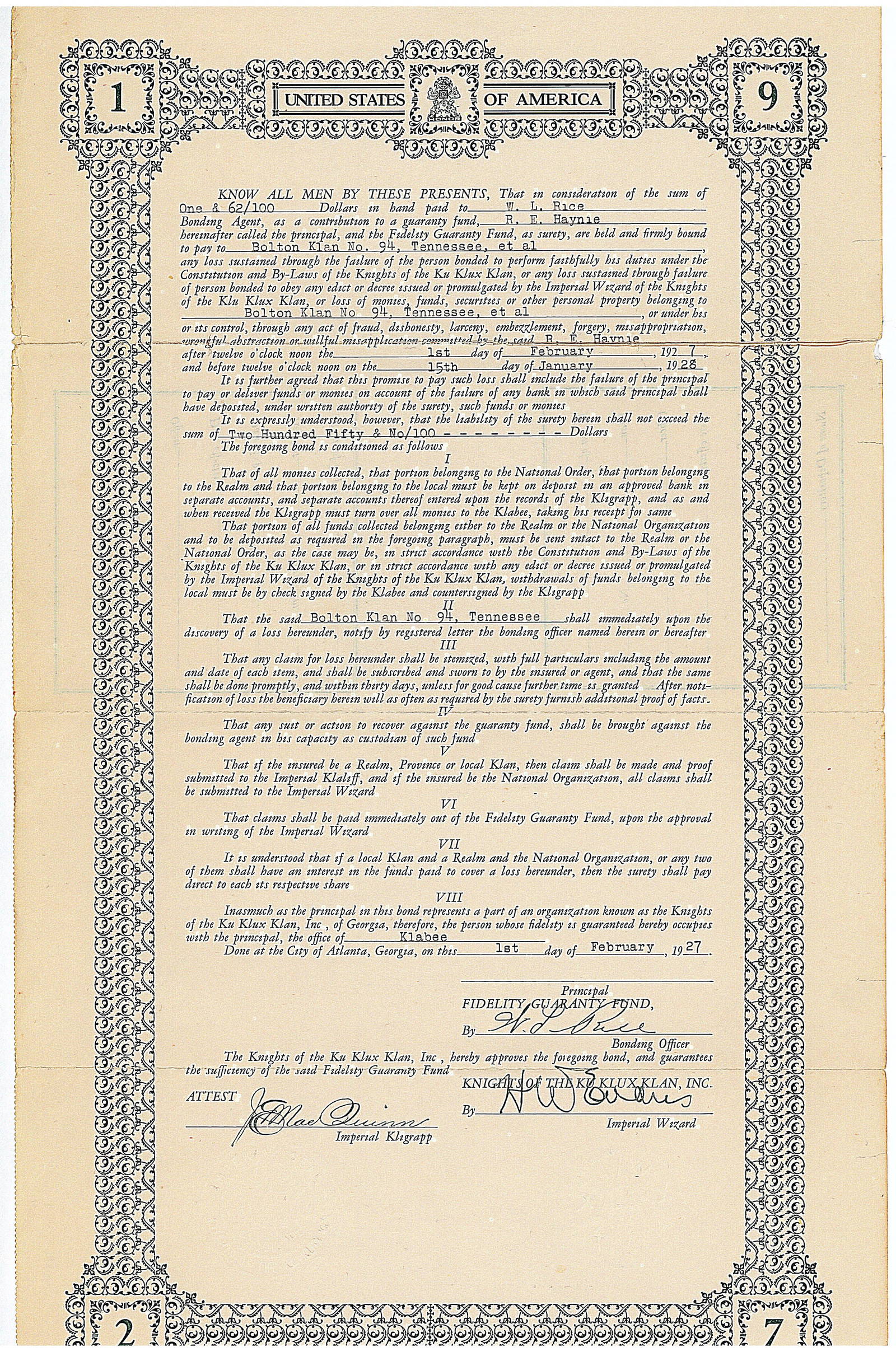 Ku Klux Klan Bond Auction