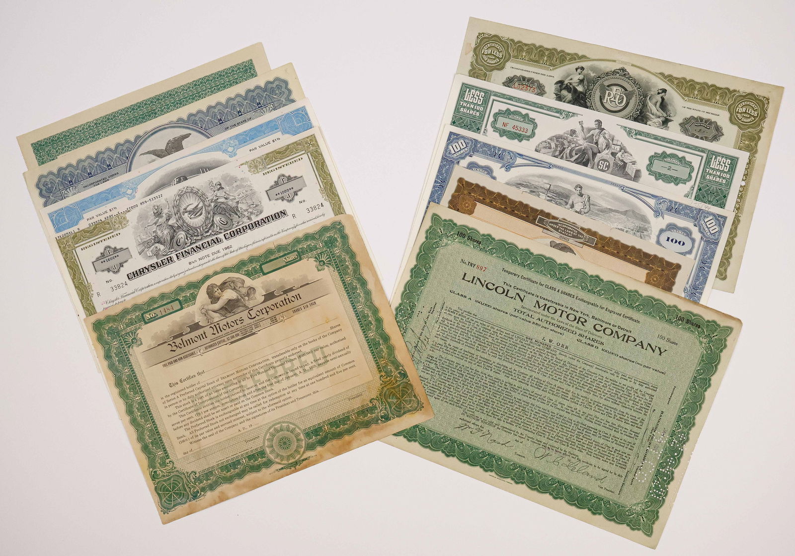 Motor Company Stock Certificates (8) Auction