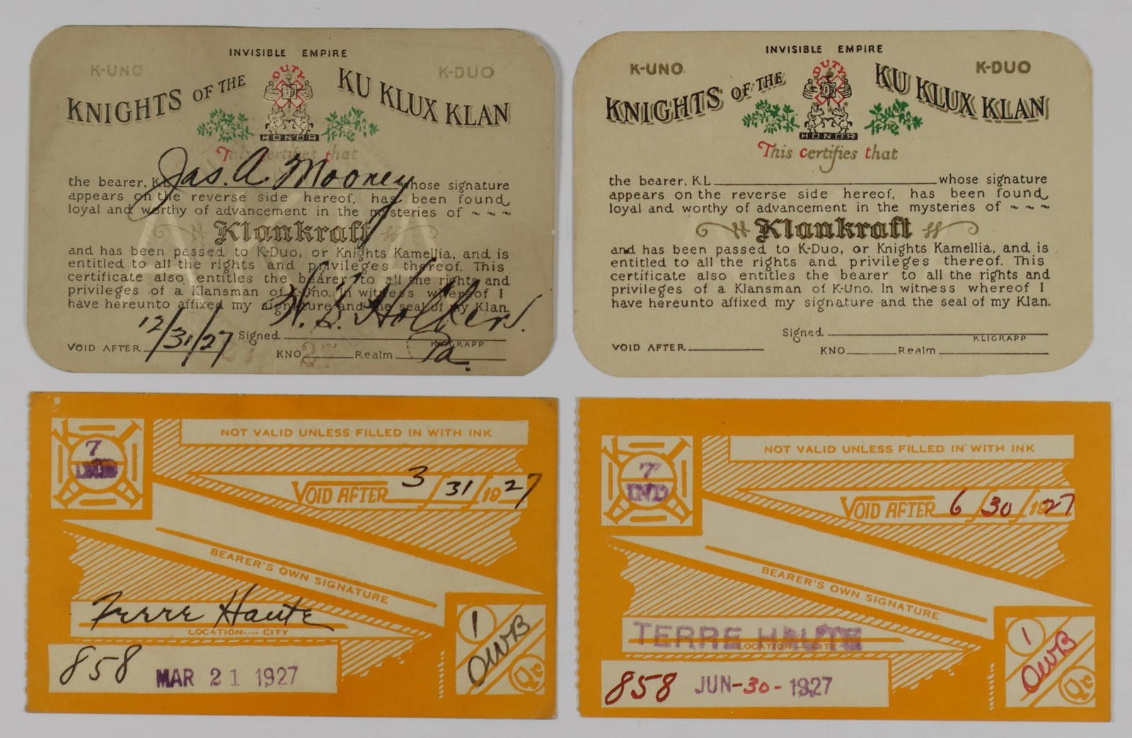 Ku Klux Klan Ephemera (4) Auction