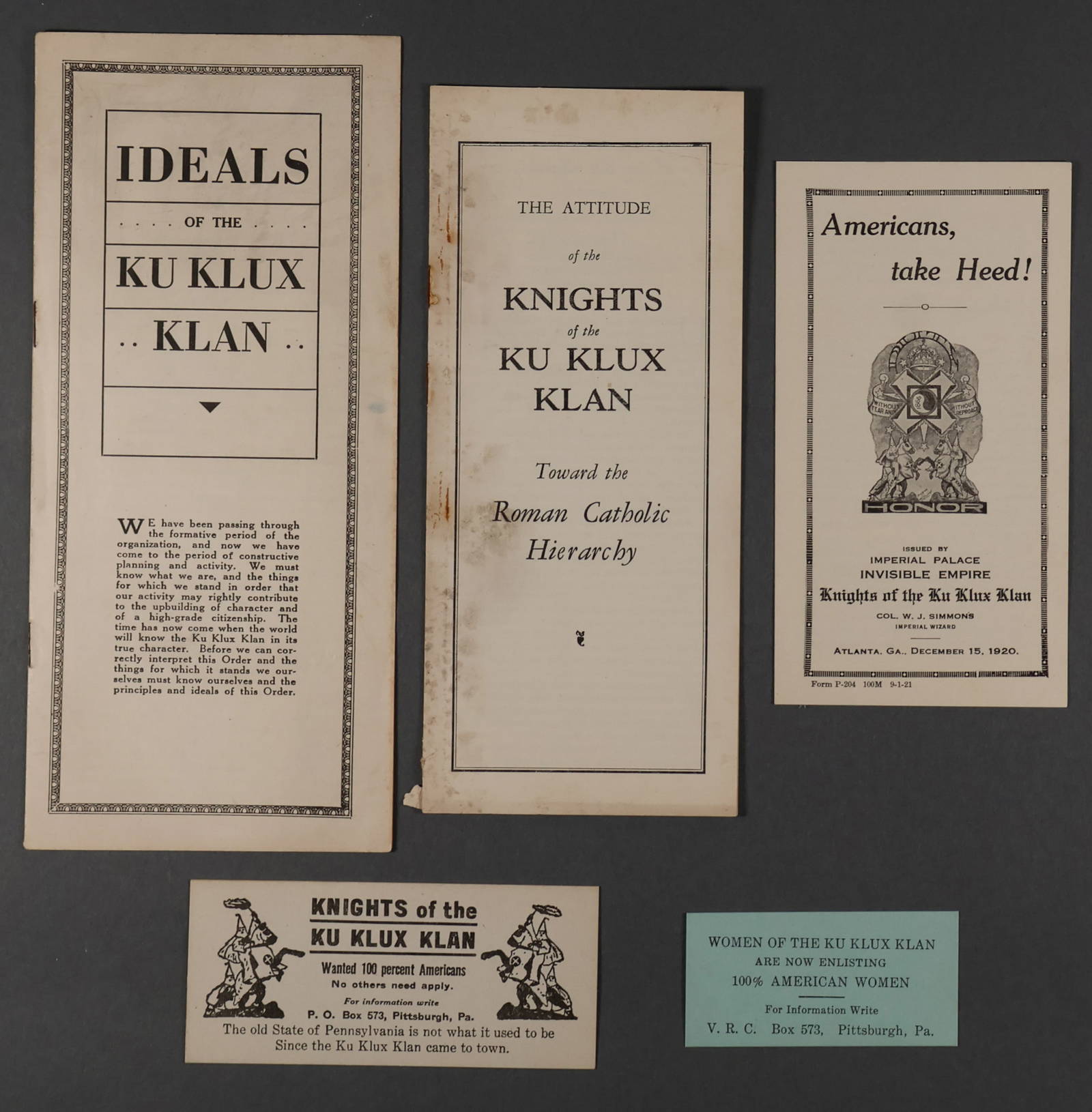 Ku Klux Klan Ephemera (5) Auction