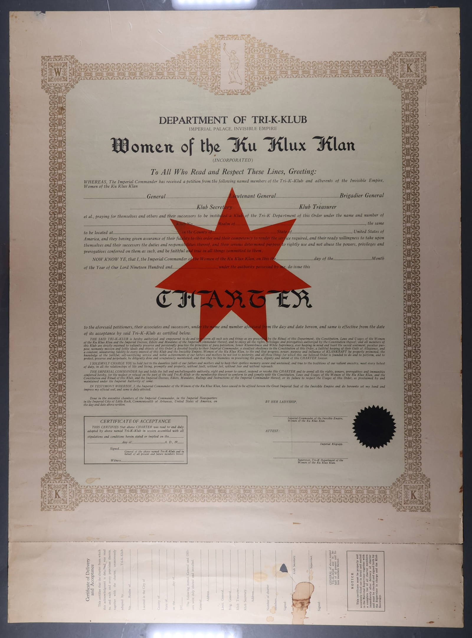 Women Of The Ku Klux Klan Blank Charter Auction