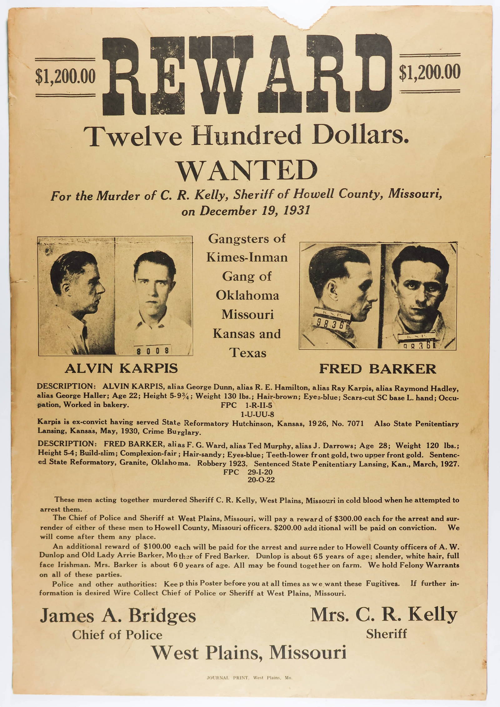 Barker Gang Wanted Poster Auction