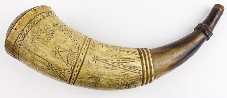 POWDER HORN WITH NATIVE AMERICAN DECORATIONS