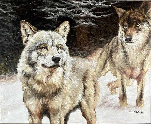 ROBERT BATEMAN (B. 1930) OIL ON BOARD WOLVES (#0046) on Feb 10, 2023 ...
