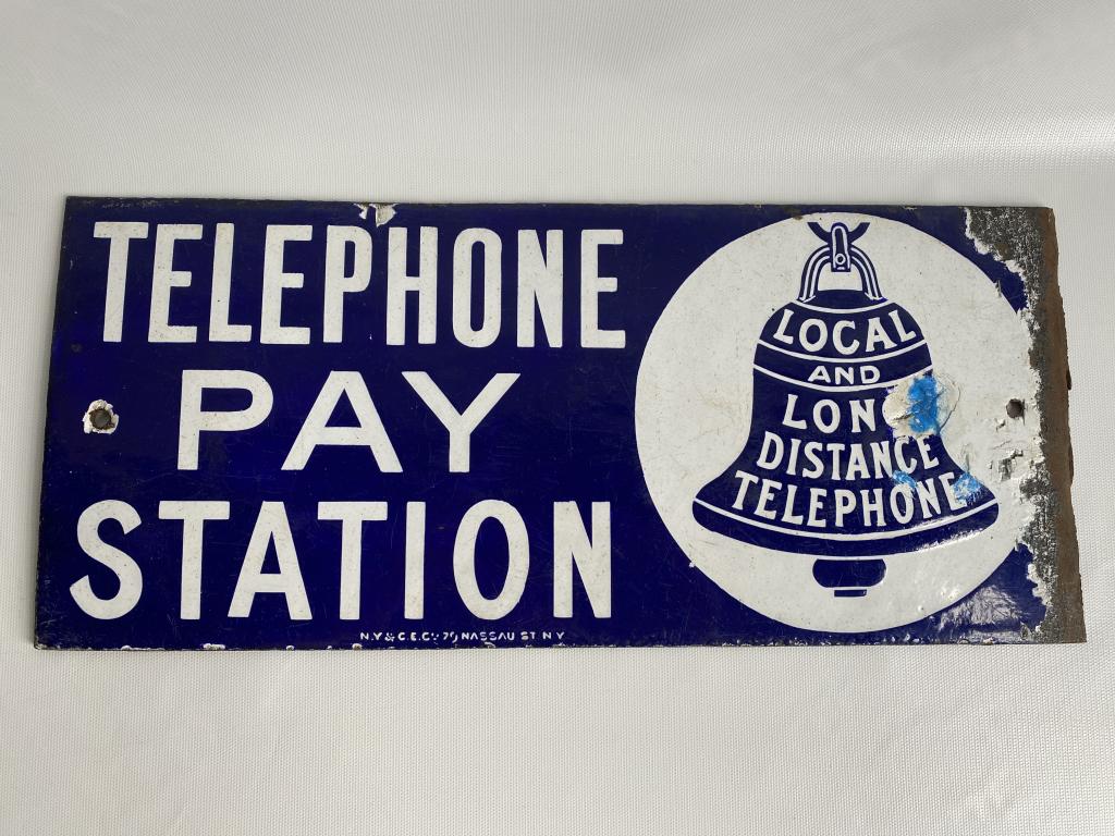 Antique Porcelain Telephone Pay Station Sign.