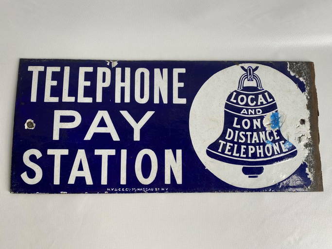 Antique Porcelain Telephone Pay Station Sign.