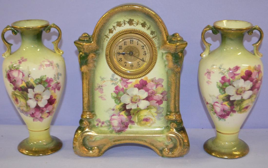 Antique 3 Piece China Miniature Floral Clock Set
