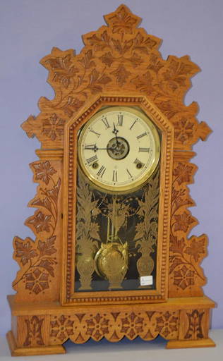 Antique Gilbert "geranium" Oak Kitchen Clock