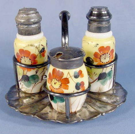 3pc Condiment Set In Silver Plate Holder