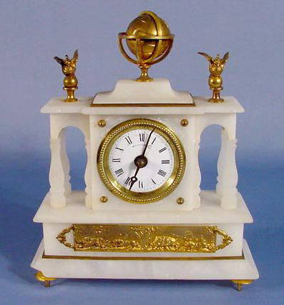 French Alabaster Clock W/spelter & Bronze Deco.
