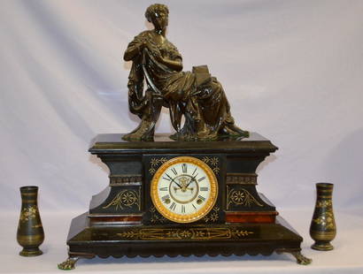Antique Ansonia Philosopher Statue Clock: Signed Porc